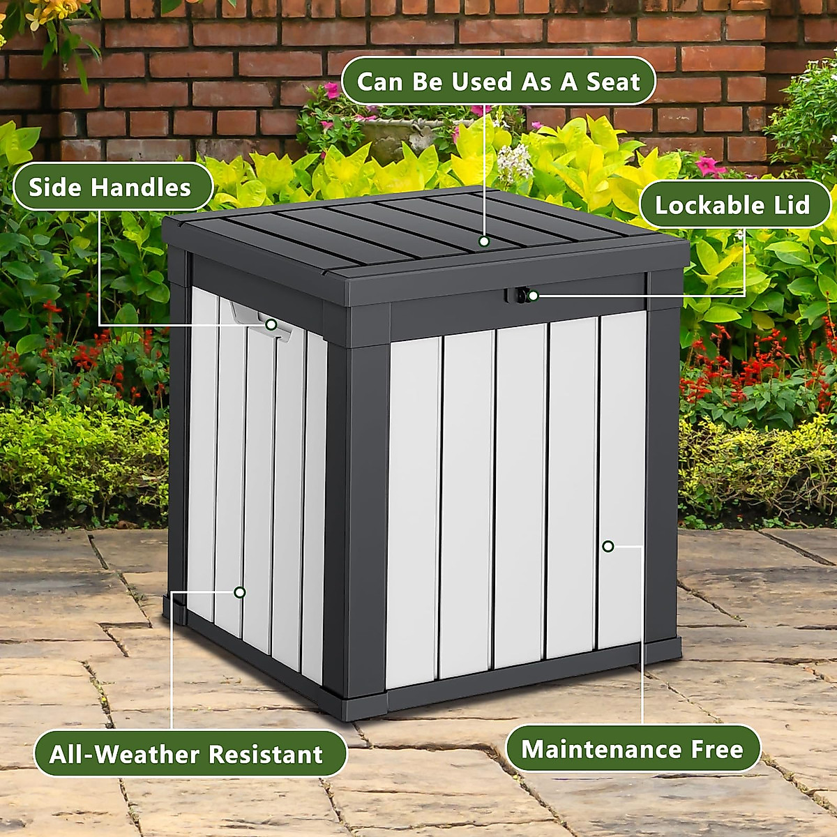 LUVING 50 Gallon Outdoor Storage Box Waterproof, Patio Storage Box with Lockable Lid, UV Resistant Outdoor Storage Bin for Indoor Patio Deck Backyard Garden Pool, White&Black