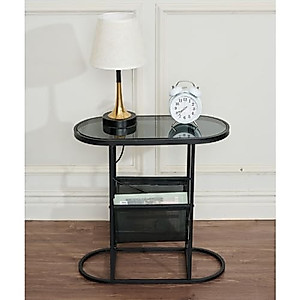 HoRunzelin Modern Oval End Table with Leatherette Magazine Sling, Glass Top Small Side Table with Metal Frame, Rustic Snack Accent Table, Black
