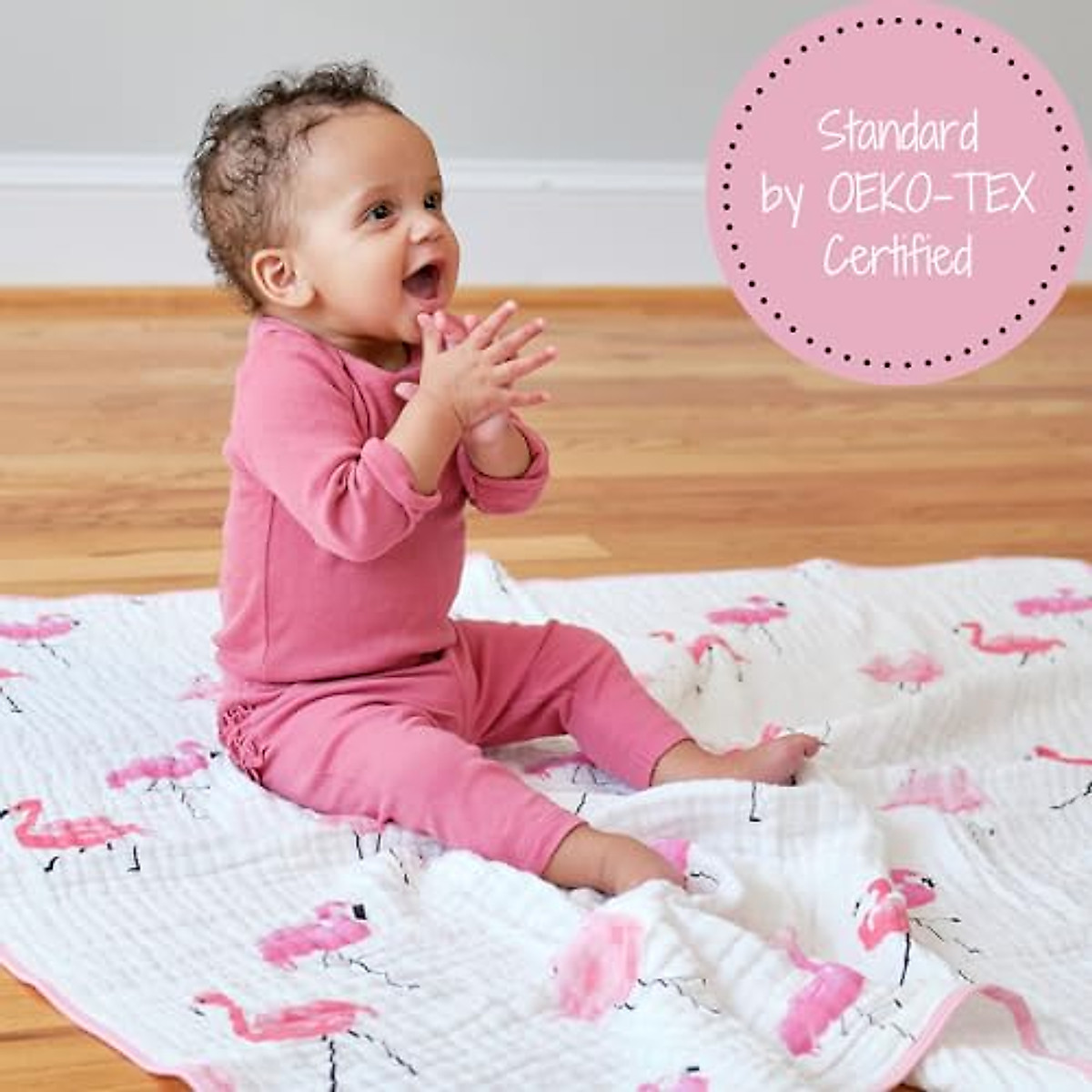 LollyBanks Muslin Baby Blanket 100% Cotton, Soft and Breathable Muslin Quilt 47 x 47 Inches Toddler Blanket for Girls, 6 Layers Baby Blanket, Lightweight Baby Receiving Blankets (Flamingo Print)