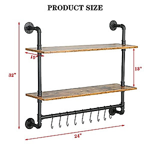 MAIKAILUN Industrial Pipe Shelving, Iron Pipe Shelves Bathroom Shelves with Towel bar, Rustic Metal Pipe Floating Shelves, Pipe Shelf Wall Mounted with Hooks for Coffee Bar Kitchen(24" 2 Tiers)