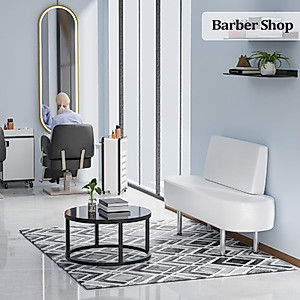 LEADZM Waiting Room Bench Seating, Salon Reception Chairs Leather Upholstered Settee with Backrest, Heavy Duty Guest Lobby Chair, Office Beauty Barbershop Furniture, White