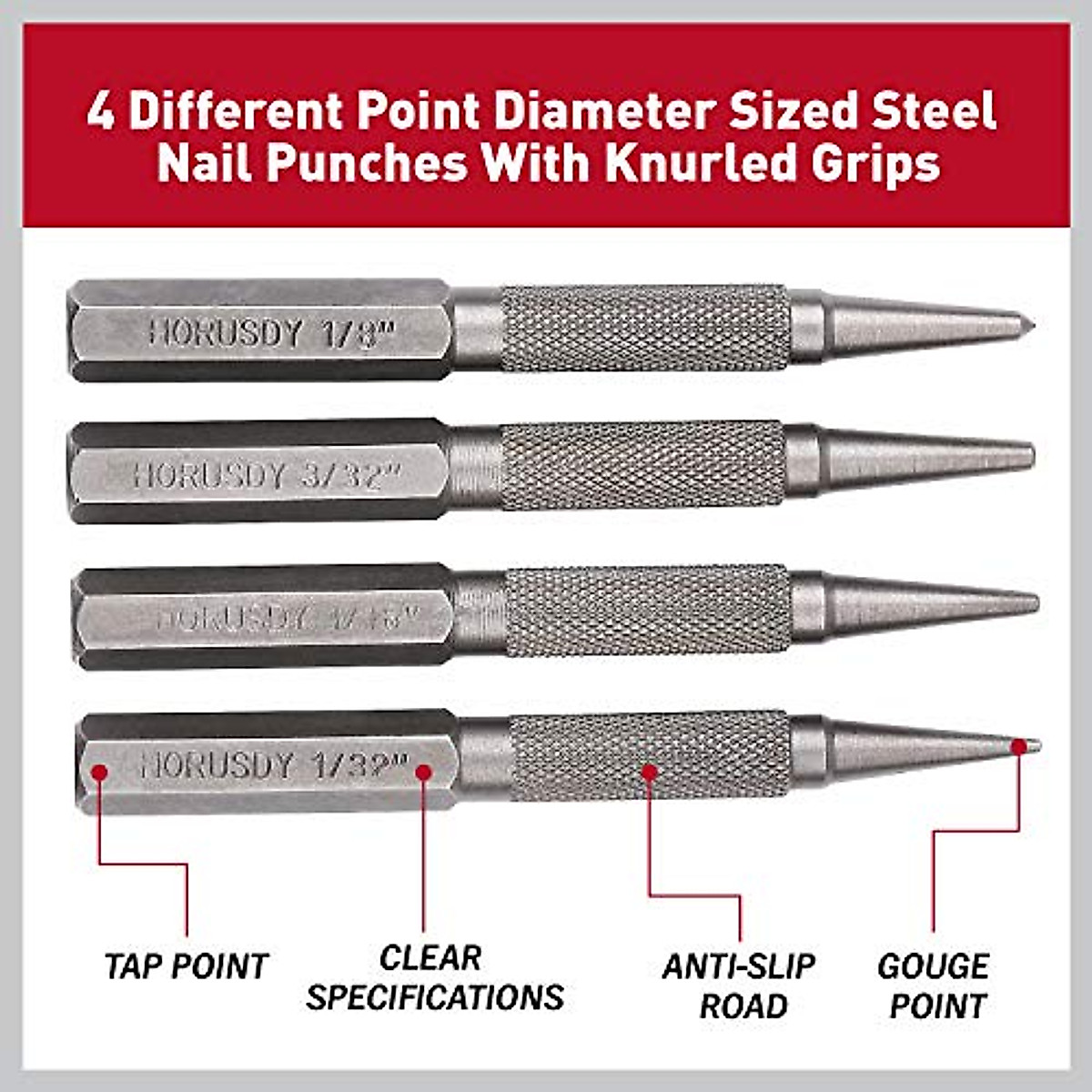 HORUSDY 4-Piece Nail Setter Punch and Center Punch Set