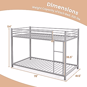 Giantex Metal Bunk Bed Twin over Twin, Low Profile Bunk Bed Frame with Ladder & Full Length Guardrail, Space-saving Twin Size Bed Frame for Kids Teens, No Box Spring Needed (Silver)