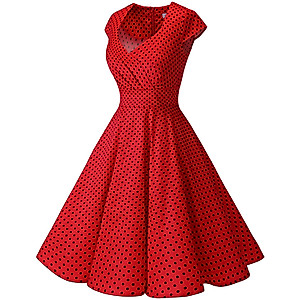 Bbonlinedress Women Short 1950s Retro Vintage Cocktail Party Swing Dresses Red Small Black Dot L
