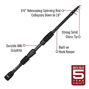 Quantum Embark Telescopic Spinning Fishing Rod, 18-Inches to 6-Foot 6-Inch Telescopic Fishing Pole, IM6 Graphite Fishing Pole, Moderate Action, Medium Power, Split-Grip EVA Handle, Black