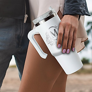 Personalized 30 oz Travel Mug - Elaborate Circle Monogram - White Custom Engraved Cup with Handle Vacuum Insulated Tumbler Birthday Gift for Women, Men, Beer and Drinks