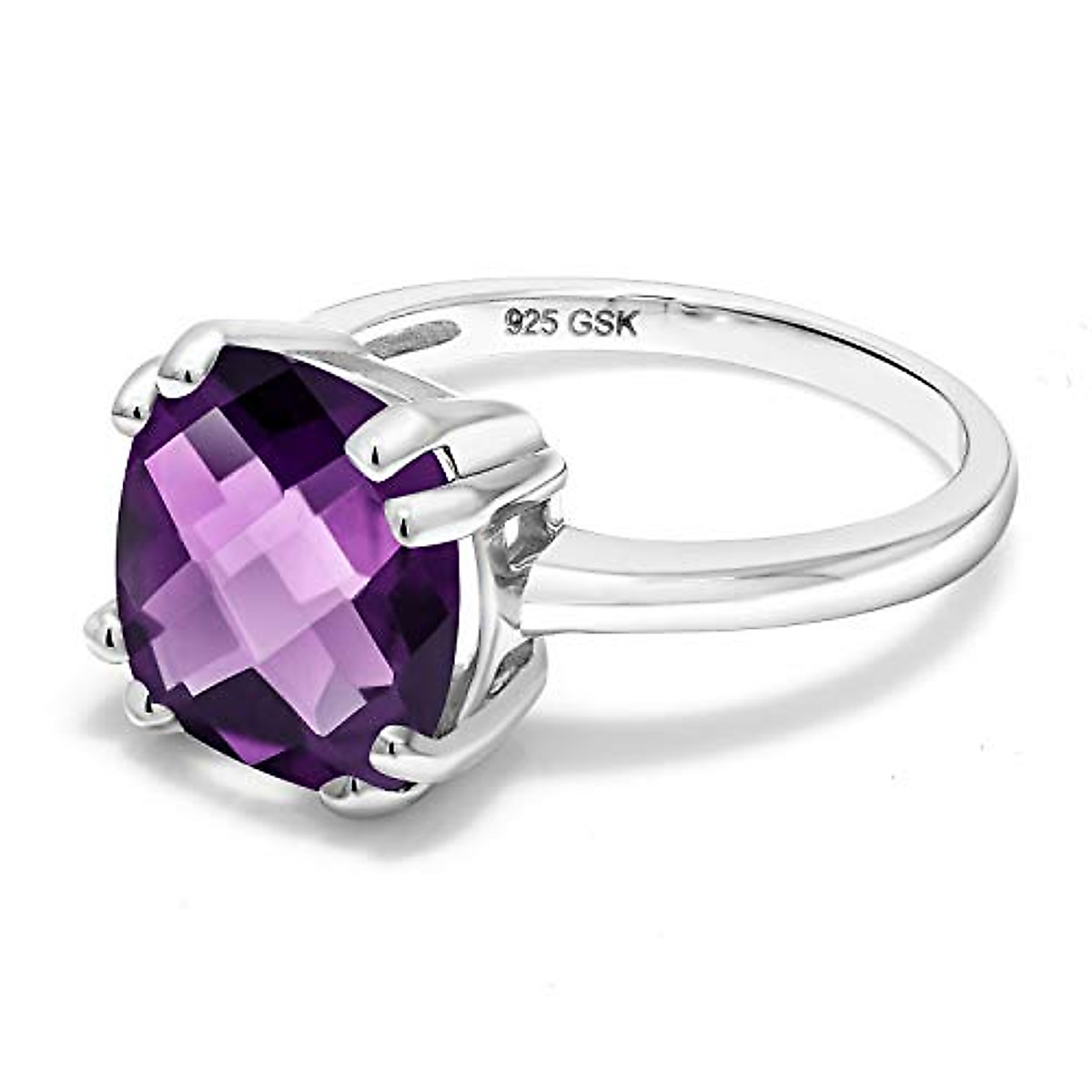 Gem Stone King 925 Sterling Silver Purple Amethyst Solitaire Double Prong Ring For Women (3.45 Cttw, Cushion Checkerboard 10MM, Gemstone Birthstone, Available In Size 5, 6, 7, 8, 9)