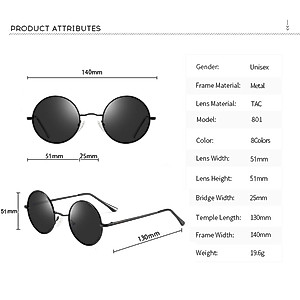 Dollger Round Polarized Sunglasses for Men Women Retro Metal Frame Black Small Circle Hippie Sunglasses
