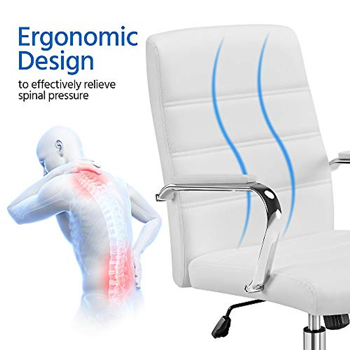 Yaheetech Mid-Back Office Chair with Arms 360° Swivel PU Leather Height Adjustable Office Executive Chair, White