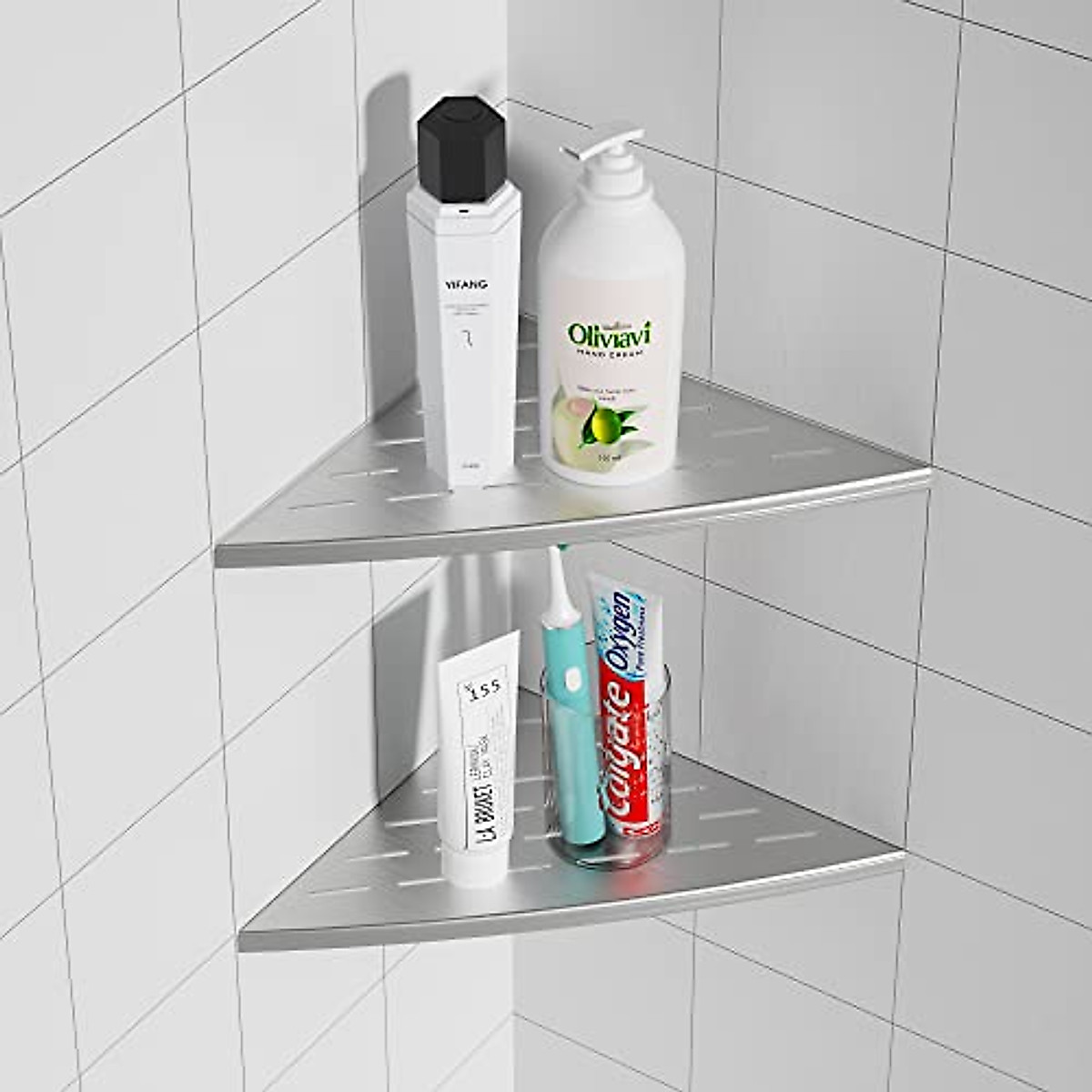 Qeke Corner Shower Shelf Brushed Nickel, 304 Stainless Steel 11.5” Recessed Corner Shelf Bathroom for Tiled Wall, Floating Shower Shelves Shampoo Holder, No Drilling, 2 Pack