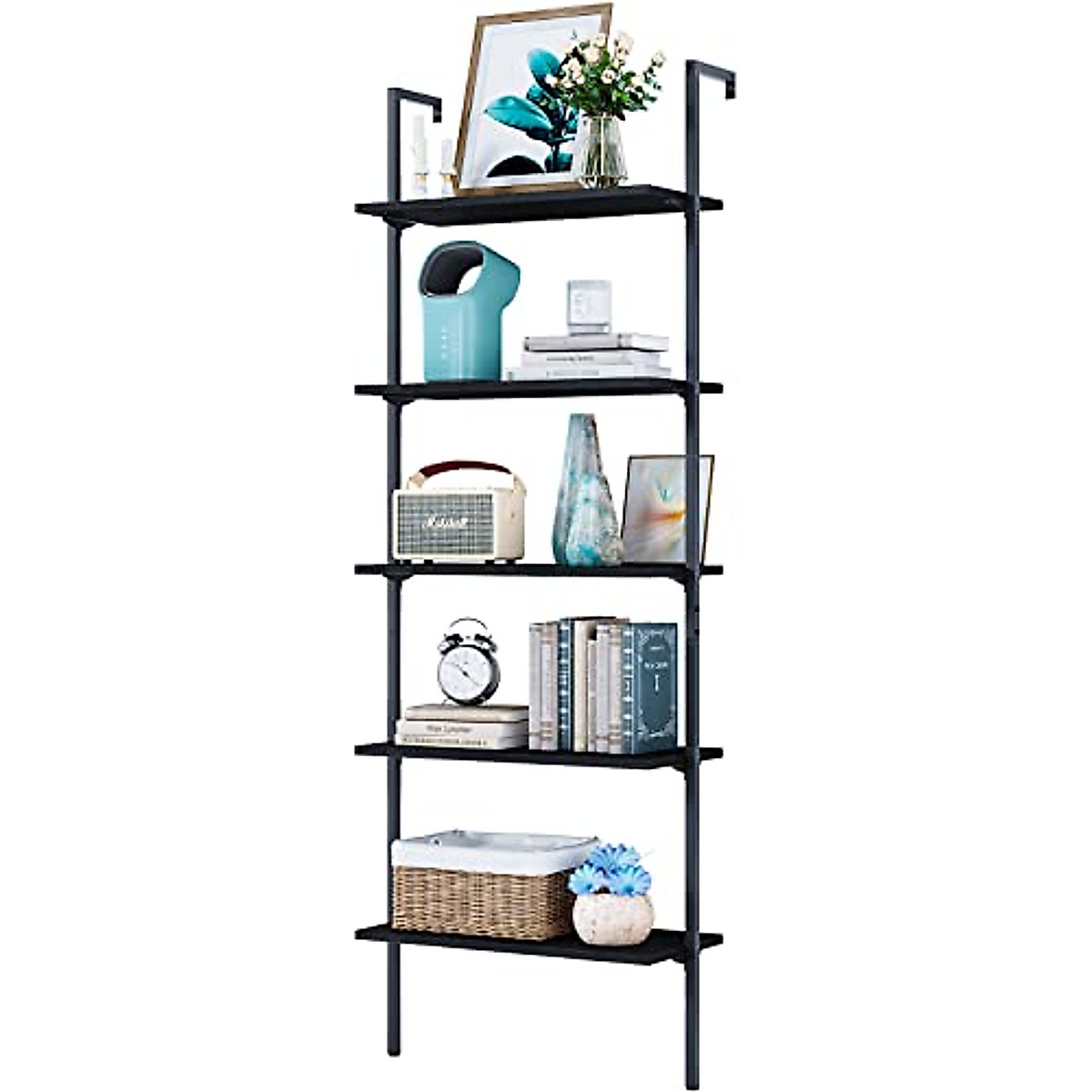 ODK 5-Tier Ladder Shelf, 74 Inches Wall Mounted Ladder Bookshelf with Metal Frame, Open Industrial Shelves for Home Office, Bedroom and Living Room, Black