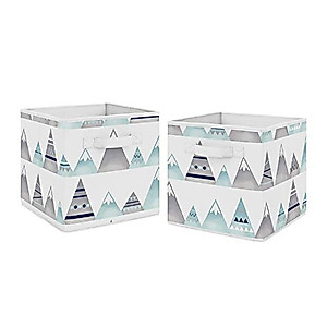 Sweet Jojo Designs Watercolor Mountains Foldable Fabric Storage Cube Bins Boxes Organizer Toys Kids Baby Childrens - Set of 2 - Navy Blue, Aqua and Grey Aztec