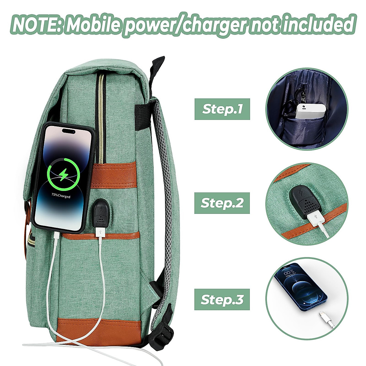 Ronyes Vintage Laptop Backpack for Women Men,15.6 inch Bookbag Casual Daypack with USB Charging Port for College Work, Green Backpacks