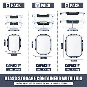 DONQQCC 9 Pack Glass Food Storage Containers with Lids, Glass Container for Lunch, Leftovers, Meal Prep, Airtight, Freezer Safe