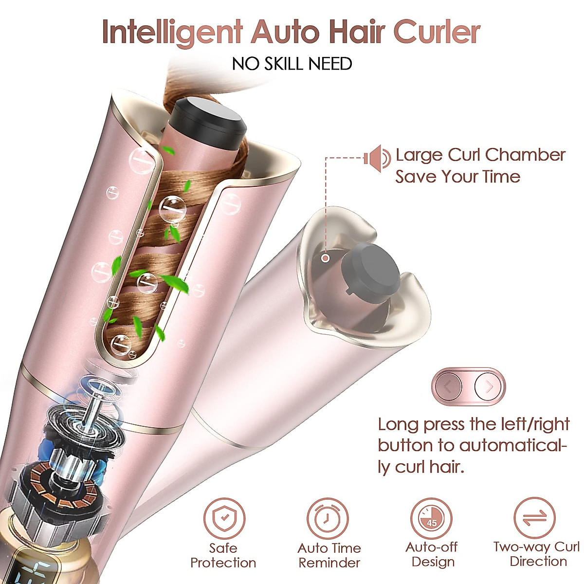 Automatic Curling Iron, Auto Hair Curler Wand with Large Rotating Barrel & 4 Temps & 3 Timers, Large Display Curling Iron with Dual Voltage, Auto Shut-Off, Fast Heating for Hair Styling