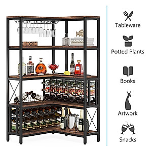 Tribesigns Large Corner Wine Rack, 5-Tier L Shaped Industrial Freestanding Floor Bar Cabinets for Liquor and Glasses Storage, Wooden Wine Bottle Holder Shelf for Home Kitchen (Rustic Brown)
