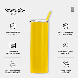 makerflo 20oz Powder Coated Tumbler Craft-Ready Insulated Stainless Steel for DIY Gifts & Personalization (Laser Engravable)-(Yellow, 1 pack)