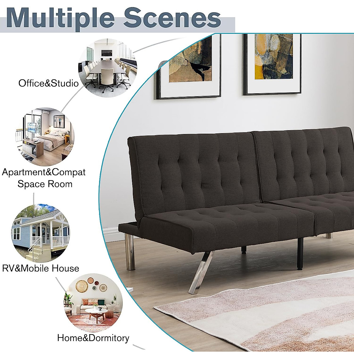 Anwick Convertible Sofa Bed Adjustable Couch Sleeper - Loveseat Futon Bed with Breathable Chenille, Metal Legs, and Adjustable Lounge - Perfect for Compact Living Space (Black)