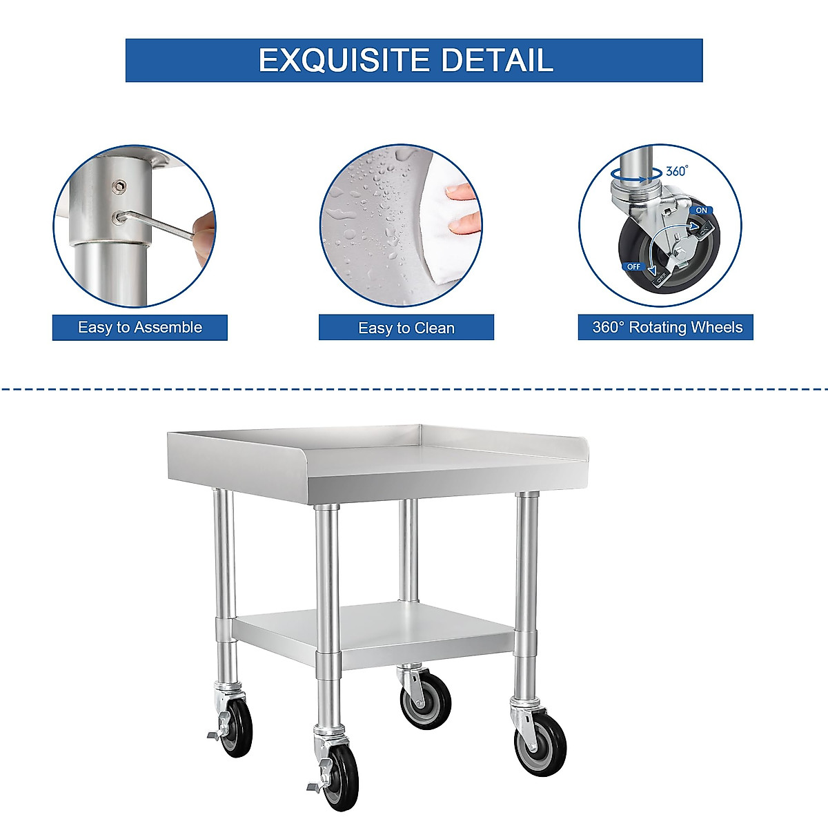 HARDURA Stainless Steel Equipment Work Stand 24" x 24" Prep Table with Under Shelf and Caster for Commercial & Workplace, Home, Hotel, Garage