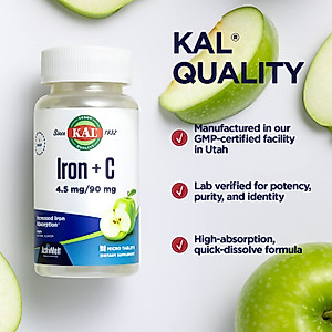 KAL Iron C, 90 Tablets, 4.5 mg/90 mg, Natural Apple Flavor, Increased Absorption Iron Pills, Immune Support