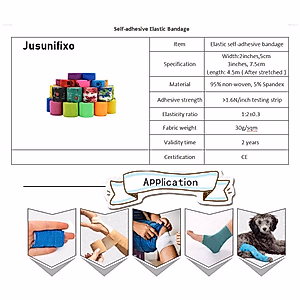 Jusunifixo 2 Inch Self Adhesive Bandage with Custom Package,Wrap Self Adherent Cohesive Breathable Sports Tape for First Aid, Leg,Dog Injury, Sprains and Swelling, 6 Colors-12 Rolls(Rainbow)