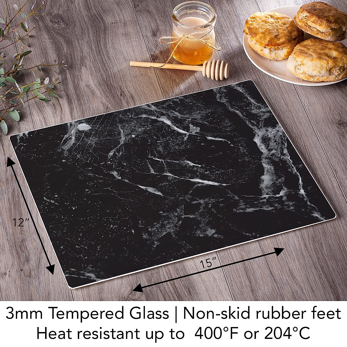 CounterArt Black Marble Design 3mm Heat Tolerant Tempered Glass Cutting Board 15” x 12” Manufactured in the USA Dishwasher Safe