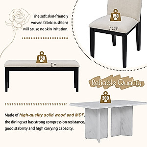 BIADNBZ Modern Style Dining Table Set for 6 with Faux Marble Tabletop and 4 Upholstered Chairs & 1 Bench, 6-Piece Family Kitchen Furniture, White