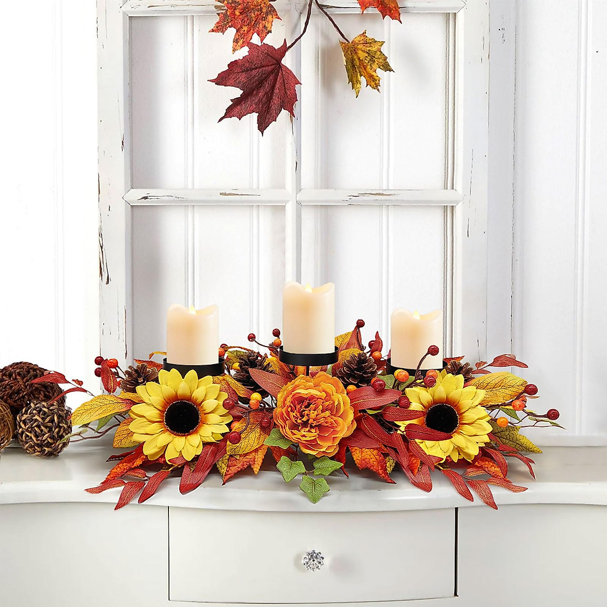 Fall Centerpiece Table Decorations, 27.5'' L Assorted Artificial Peony, Sunflowers, Berries, Autumn Leaves, Pine Cones, Harvest Table Candle Holder for Dinning Table, Fireplace (Candle Not Included)