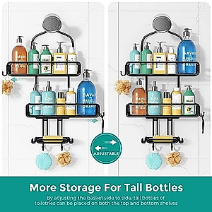 HAMITOR Adjustable Large Shower Organizer with Soap Holder - Rust Proof Bathroom Shelf Shampoo Storage Rack with 3-Tier Baskets - 4 Movable Hooks for Razor Loofah Black