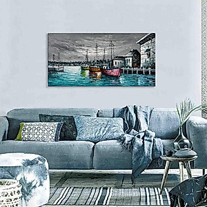 zoinart Hand Painted Large Canvas Wall Art 48x24 Inches Abstract Wall Paintings Contemporary Texture Wall Art Wharf Landscape Artwork Living Room Bedroom Wall Decor Ready to Hang