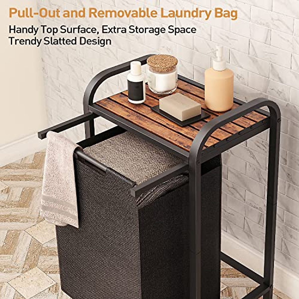 ALOFA Laundry Basket, Laundry Hamper with Shelf, 48L Laundry Room Organization, Pull Out and Removable Laundry Bag, Metal Frame Made Laundry Sorter Wheels and Adjustable Feets Black