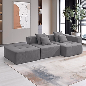 Merax 105.5'' L-Shaped Modular Sectional Sofa for 4, Minimalist Convertible Corduroy Floor Couch Set with 4 Pillows for Living Room, 3 PC Free Combination, No Assembly Required, Gray