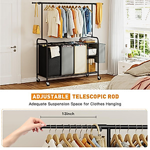 Raybee Laundry Hamper, Laundry Basket, Laundry Sorter, 200L（53Gal）Laundry Basket with Wheels, Laundry Sorter 3 Section, Laundry Hamper with 13" Adjustable Hanging Bar and 3 Tier Shelves