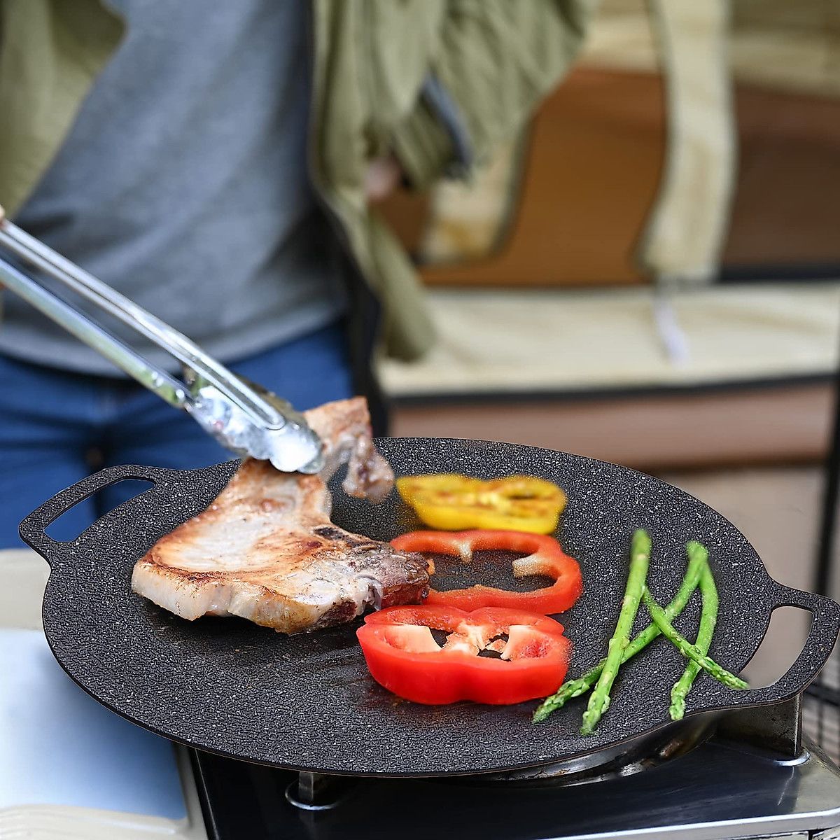 2 Pcs Korean BBQ Grill Pan 6 Layer Coating Non Stick Grill Round Griddle Pan with 2 Pcs Cover Bag for Gas Open Fire Camping Home Outdoor Stoves, Circular Size 13 Inches