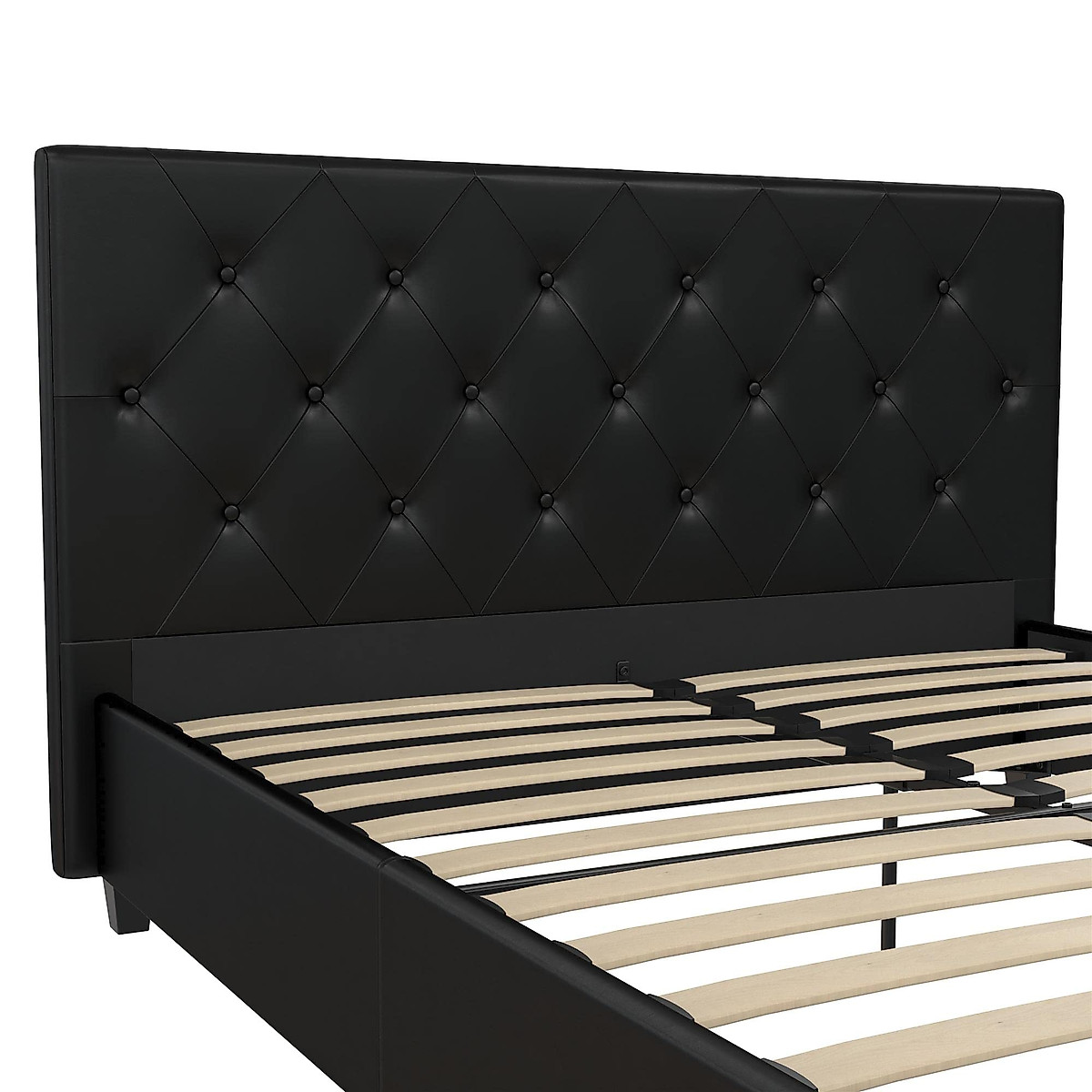 DHP Dakota Upholstered Platform Bed with Diamond Button Tufted Headboard and Footboard, No Box Spring Needed, Queen, Black Faux Leather