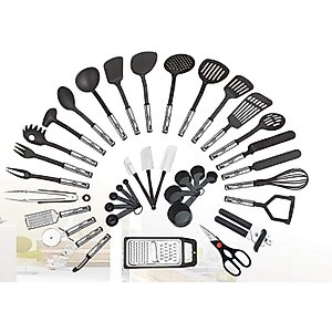 38-piece Kitchen Utensils Set Home Cooking Tools Gadgets Turners Tongs Spatulas Pizza Cutter Whisk Bottle Opener, Graters Peeler, Can Opener, Measuring Cups Spoons (Black)