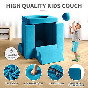 Kids Couch, 12PCS Fold Out Toddler Couch with 2 Balls and Tunnel, Modular Kids Couch for Playroom, Kids Play Couch for Kickball Game, Pitching Game, Over 30 Creative Gameplay Couch for Kids (Blue)