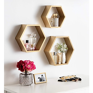 Kate and Laurel Putnam Hexagon Shelf, Set of 3, Gold, Dynamic Geometric Wall Decor and Storage