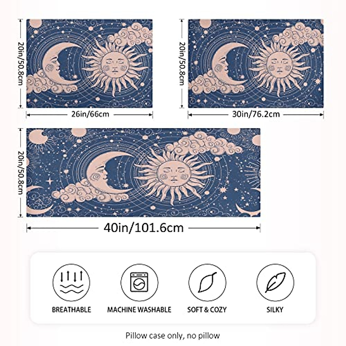 Boho Moon Sun Pillow Covers Silk Pillowcase for Hair and Skin Soft and Smooth Cooling Satin Pillowcase Standard Size Pillow Case for Hot Sleepers, Night Sweats Women Bed (20x26 Inch)