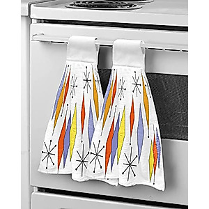 Orange Yellow Purple Kitchen Hand Towel, Soft Hanging Dish Towels with Loop for Bathroom, Absorbent Drying Cleaning Cloth Dishclothes Decorative Sets, Middle Century Modern Geometric Diamond 1-PC