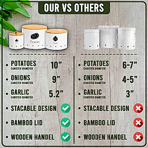 Potato and Onion Storage Bin with Wooden Lid – Set of 3 Garlic, Onion, And Potato Storage for Pantry - Potato Onion Kitchen Storage Canisters – Aerating Tin Storage Holes Keeps Vegetable Fresh