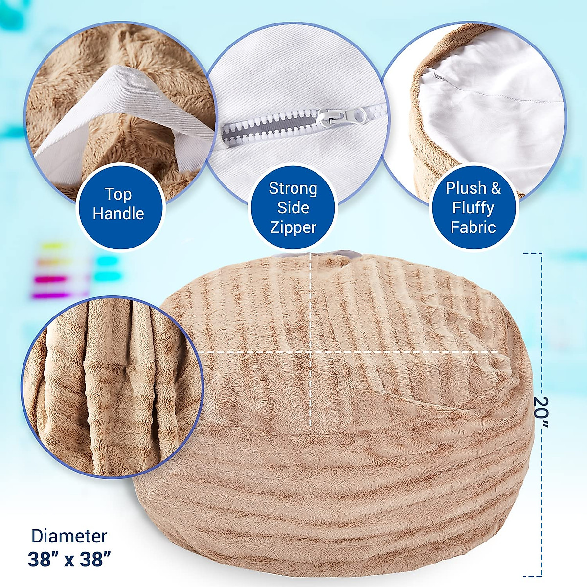 Cheer Collection Stuffed Animal Storage Bean Bag, Kids Toy Storage Organizer and Bean Bag Chair with Handle, Oversized Faux Fur Zippered Bag for Organizing Stuffed Animals, Machine Washable - Taupe