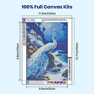 SENQAO Peacock Diamond Painting Kits for Adults, White Peacock in Beach Diamond Painting, DIY 5D Diamond Painting Fantasy Castle Diamond Art Kits Picture for Home Wall Decor 30x40cm