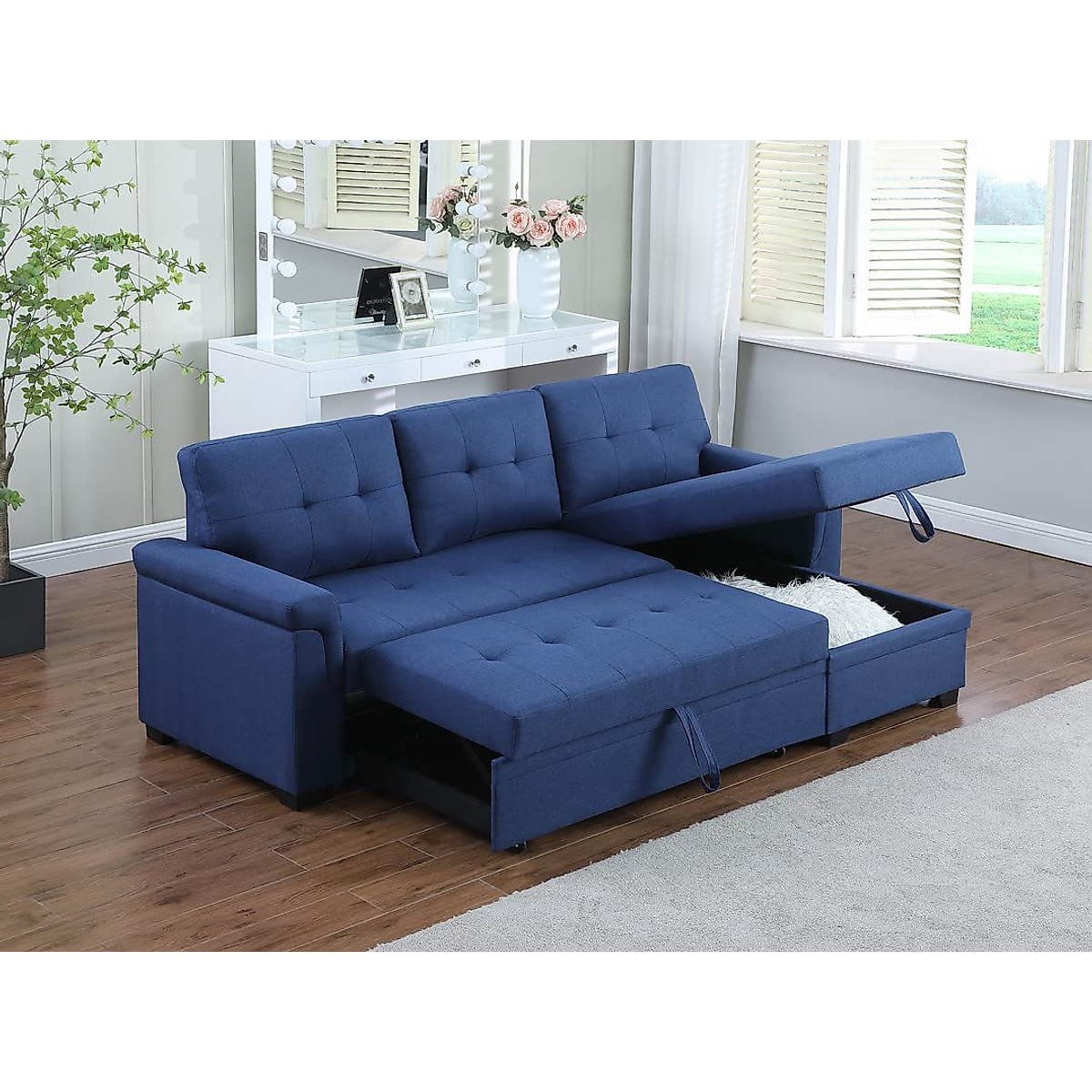 OPTOUGH L Shape Reversible Sectional Sofa Couch Pull Out Sleeper Bed with Storage Chaise for for Apartment, Living Room, Blue Linen