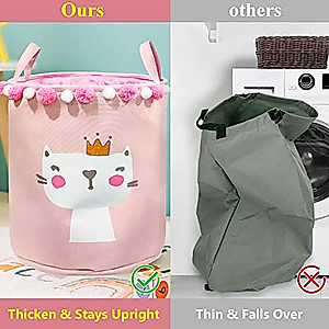 Cute Babys Laundry Basket - Kids Laundry Hamper for Girls, (Cat) Collapsible Thicken Durable Toys Organizer Storage Round Baskets and Nursery Bedroom Decor (Pink）