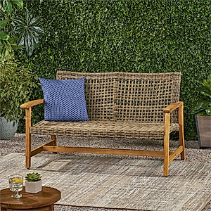 Great Deal Furniture Marcia Outdoor Wood and Wicker Loveseat, Natural Finish with Gray Wicker