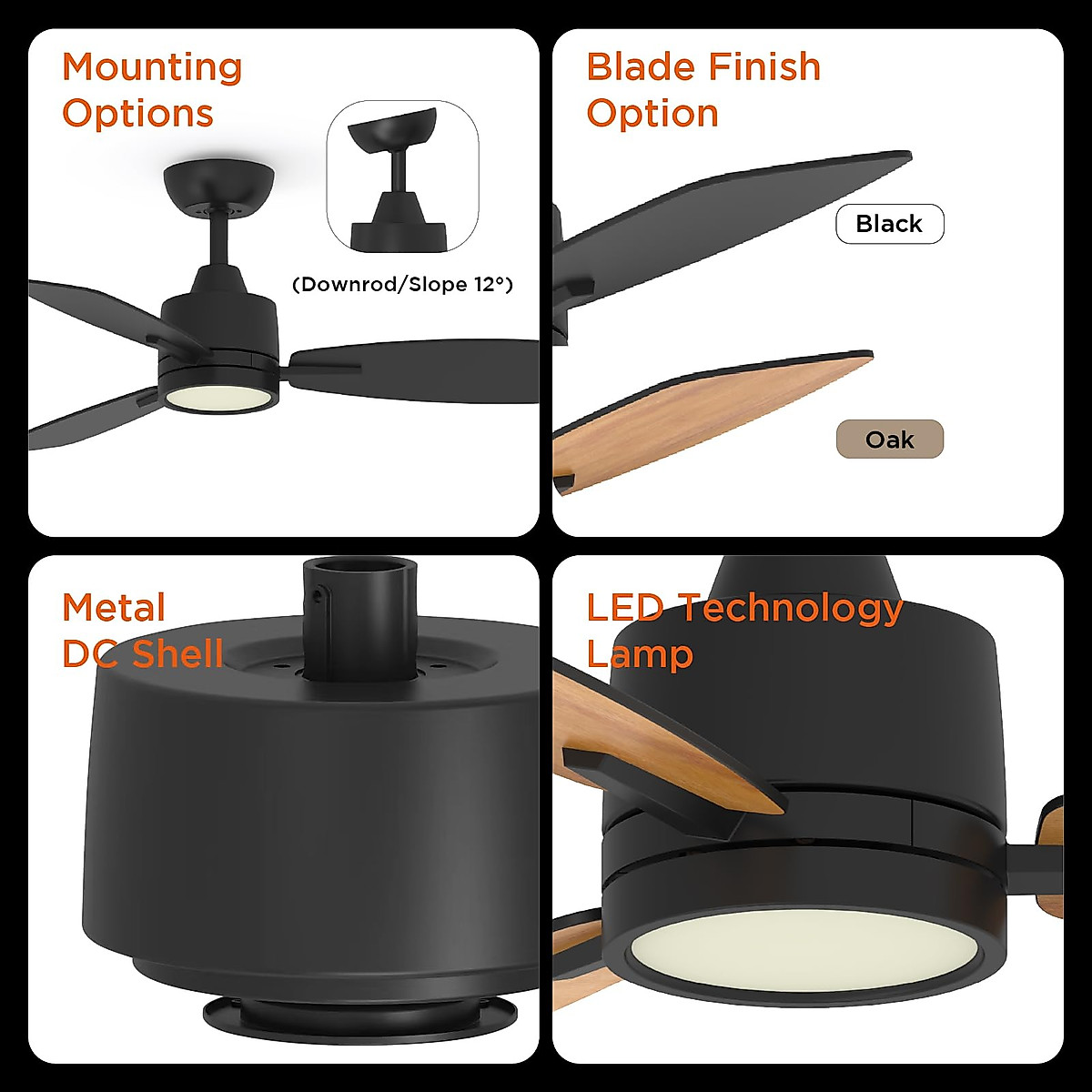 TALOYA 42 Inch Black Ceiling Fans with Lights Led Remote Control Flush Mount Low Profile for Bedroom Farmhouse Patio Outdoor Living Room Kitchen Dining Room,DC Motor,Reversible,3 Color Temperatures