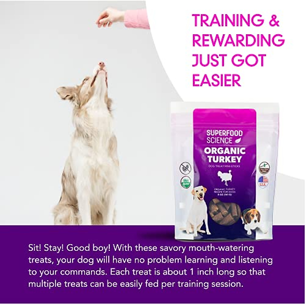 Superfood Science All Natural Organic Turkey Dog Treats with Healthy Human Grade Ingredients, Made in USA, Gluten-Free Training & Rewarding Snacks for Small, Medium, and Large Dogs, 5 Oz, Mini Sticks