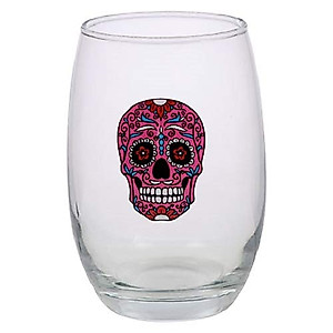 SET OF 3 Day of the Dead Stemless Skull Flower Wine Glasses, 15 oz glass Halloween Gasparilla
