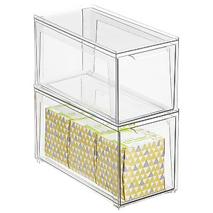 mDesign Plastic Stackable Bathroom Storage with Pull Out Bin Organizer Drawer for Cabinet, Vanity, Shelf, Cupboard, Cabinet, or Closet Organization - Lumiere Collection - 2 Pack - Clear